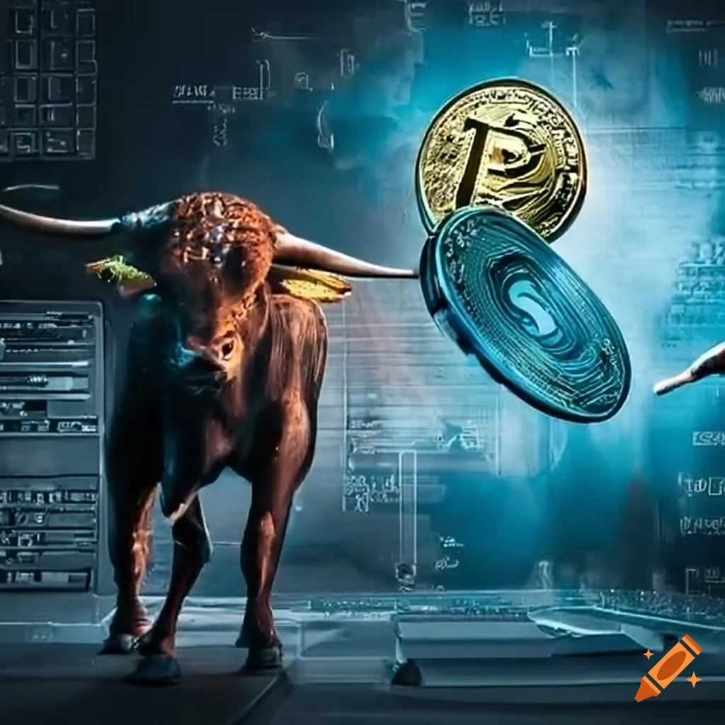 Digital artwork of a bitcoin fighting a bull on Craiyon