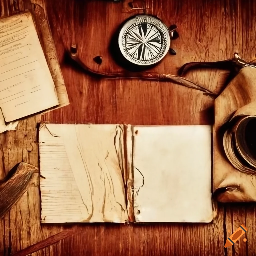 Antique wooden explorer's desk with travel artifacts on Craiyon