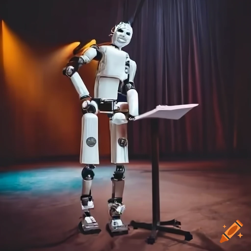 Robot poet performing on stage with notebook on Craiyon