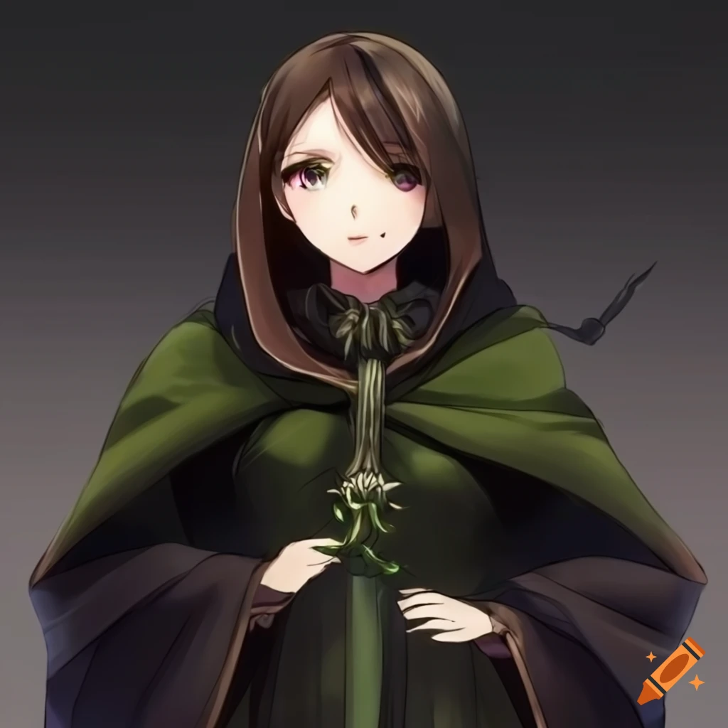 Anime character with long dark brown hair and green cloak on Craiyon