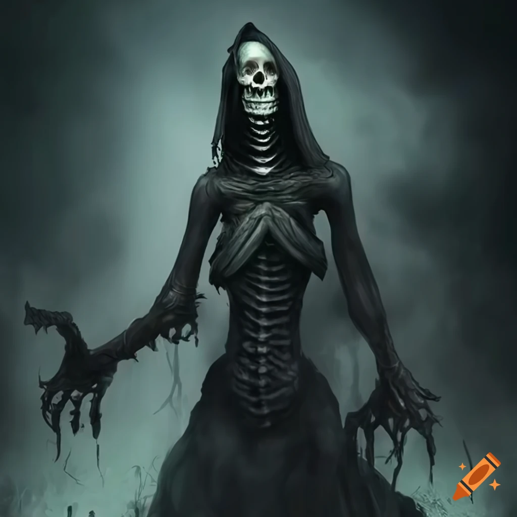 Ultra realistic skeletal witch in a foggy fantasy realm