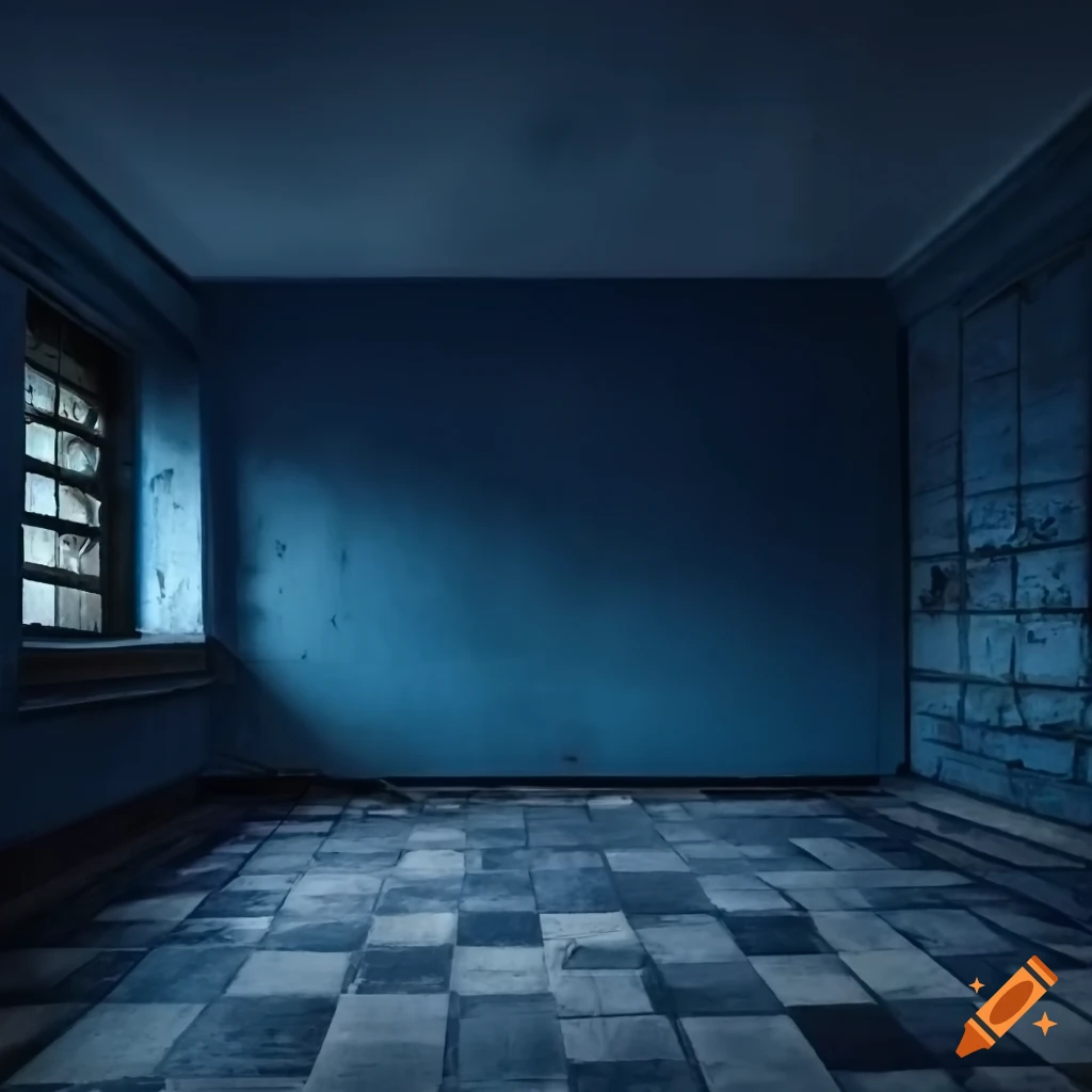 Blue-walled scrap room with checkered floor at night