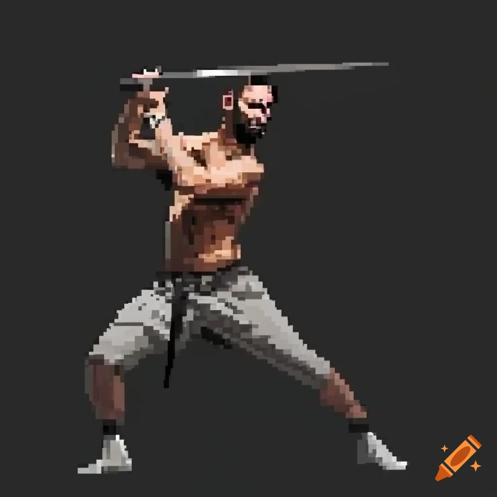 Pixel art of a fit man attacking with a sword on Craiyon