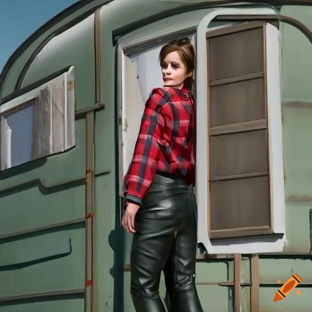 Irimia twins singers in country plaid shirts and high waist black leather trousers standing in a ...