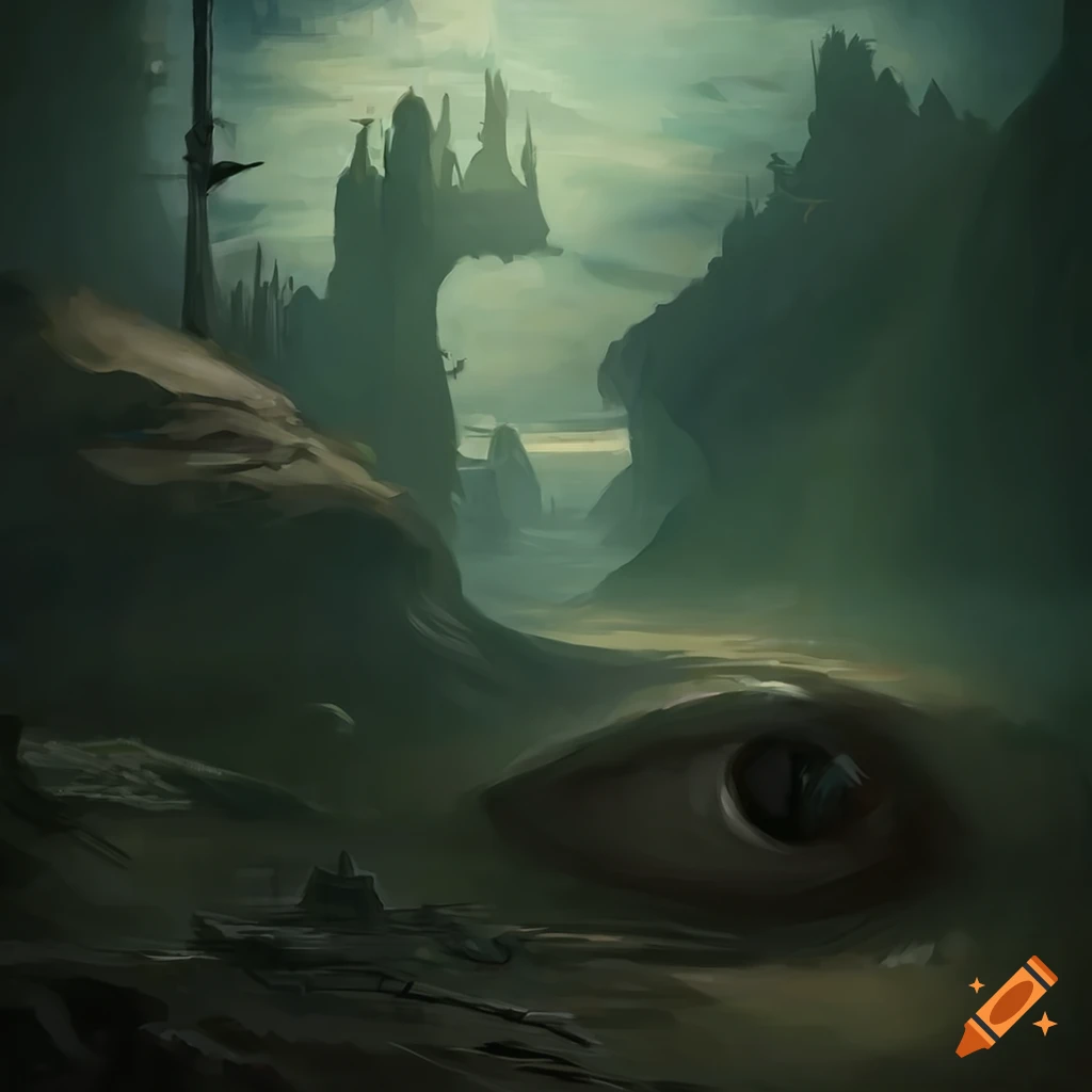 Giant eye eclipsing a surreal landscape symbolizing perception and ...