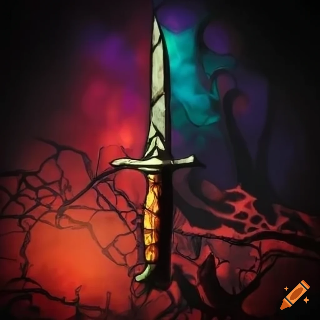 Stained glass art of a dagger in scary darkness on Craiyon