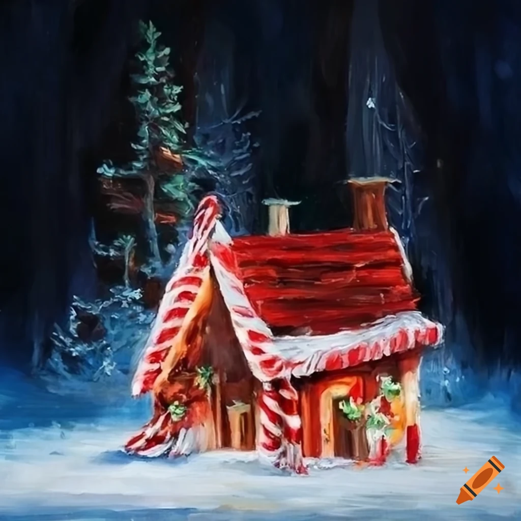 Oil painting of a candy cane reindeer stable