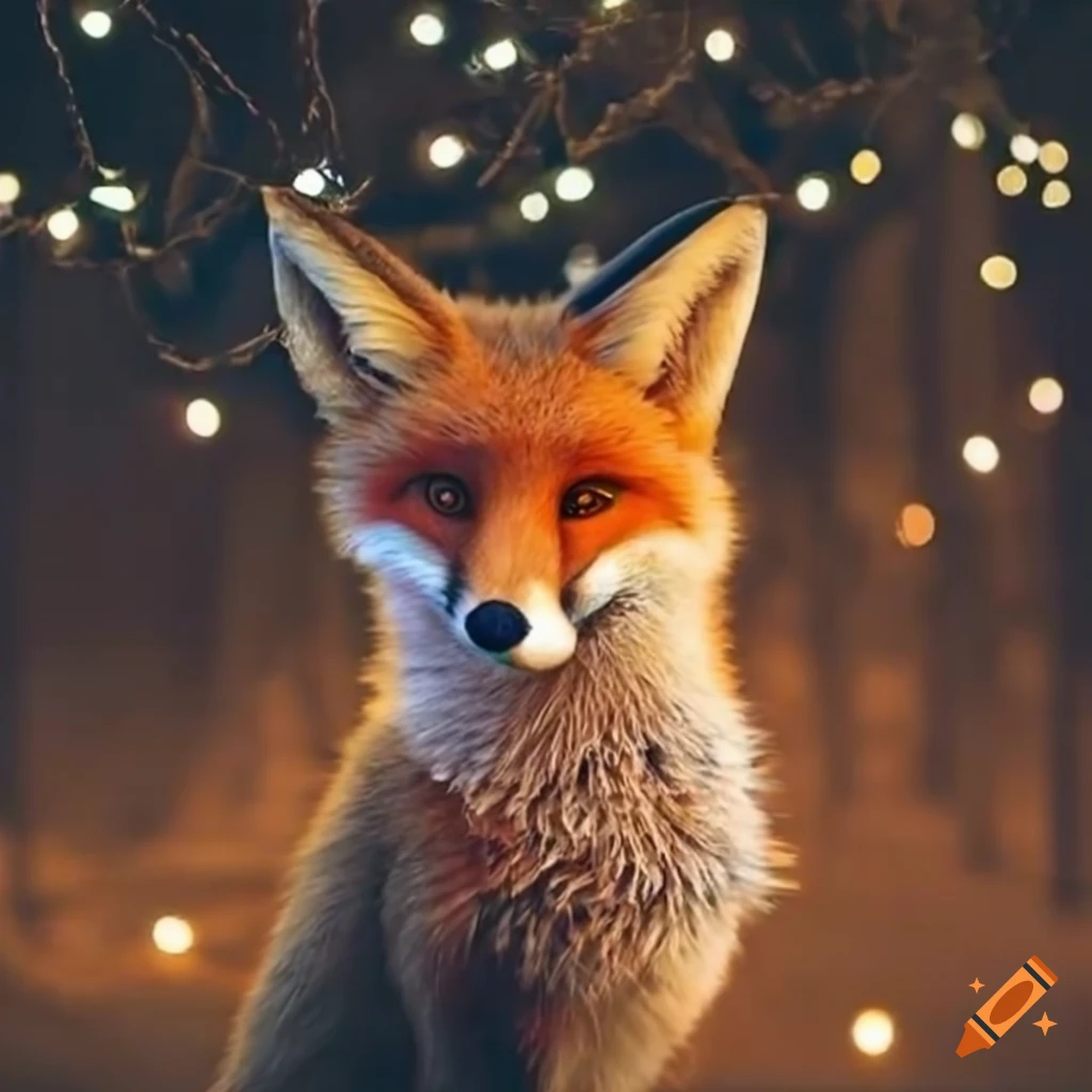 Cute fox with christmas lights and hat in the snow on Craiyon