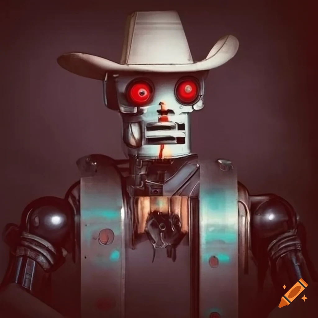Retro colored photo of an evil robotic cyborg cowboy