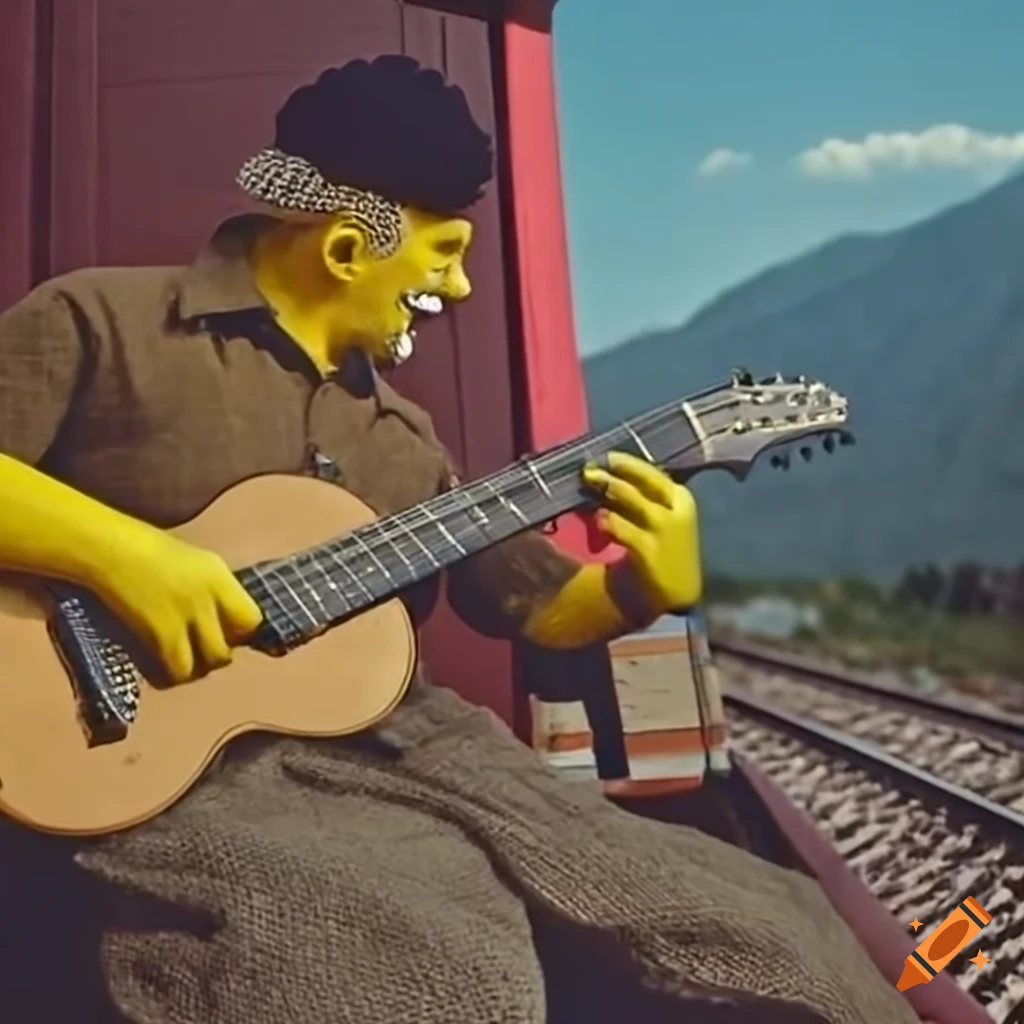 Homer Simpson playing guitar in train with mountain view on Craiyon
