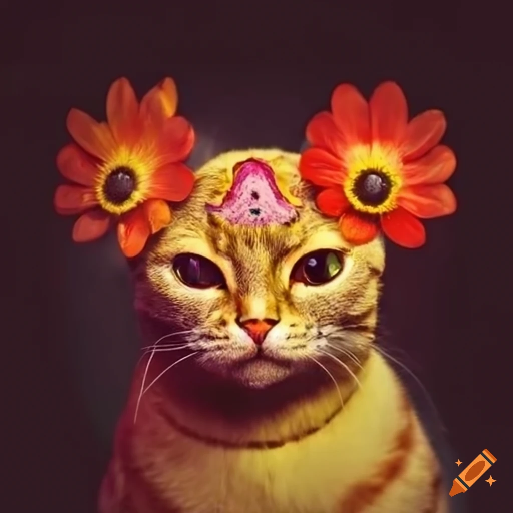 Red orange and yellow alien cat with flower-shaped head on Craiyon