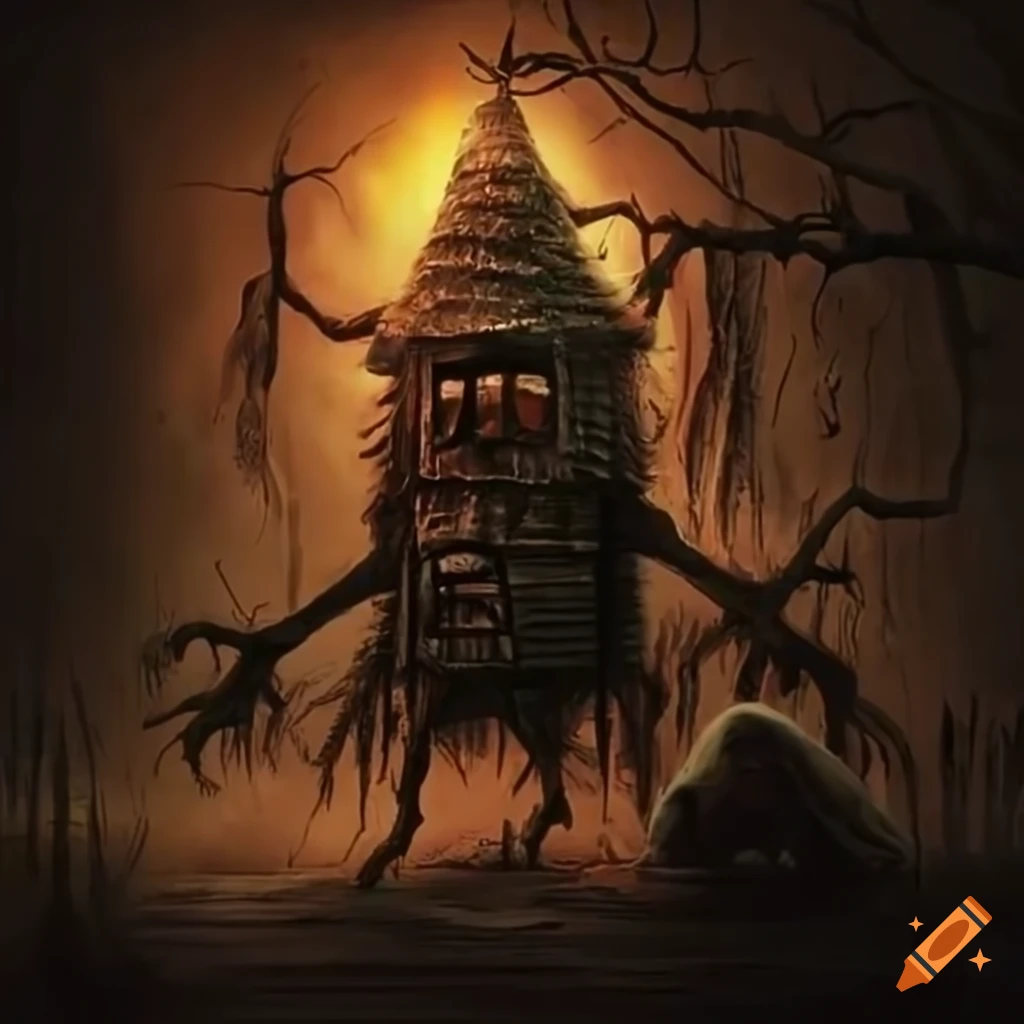 Creepy baba yaga house on spider legs on Craiyon