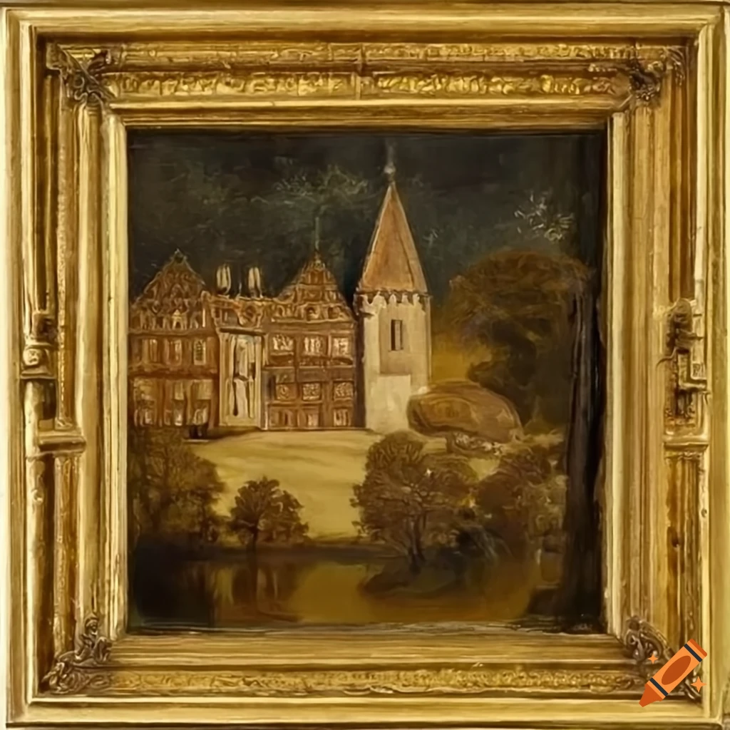 Oil painting of a medieval manor surrounded by forest at night on Craiyon