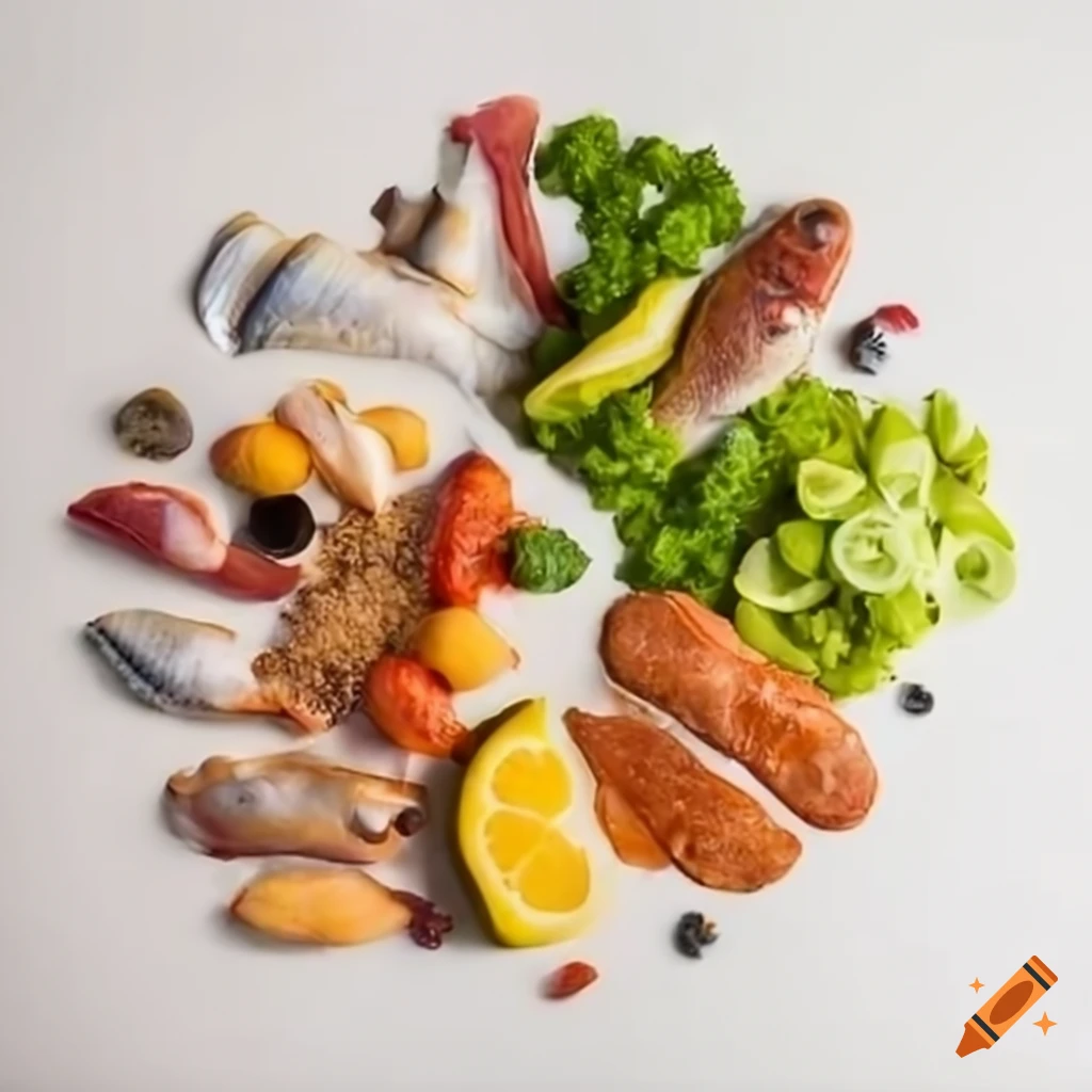 Arrangement of food and fish scraps on a white background