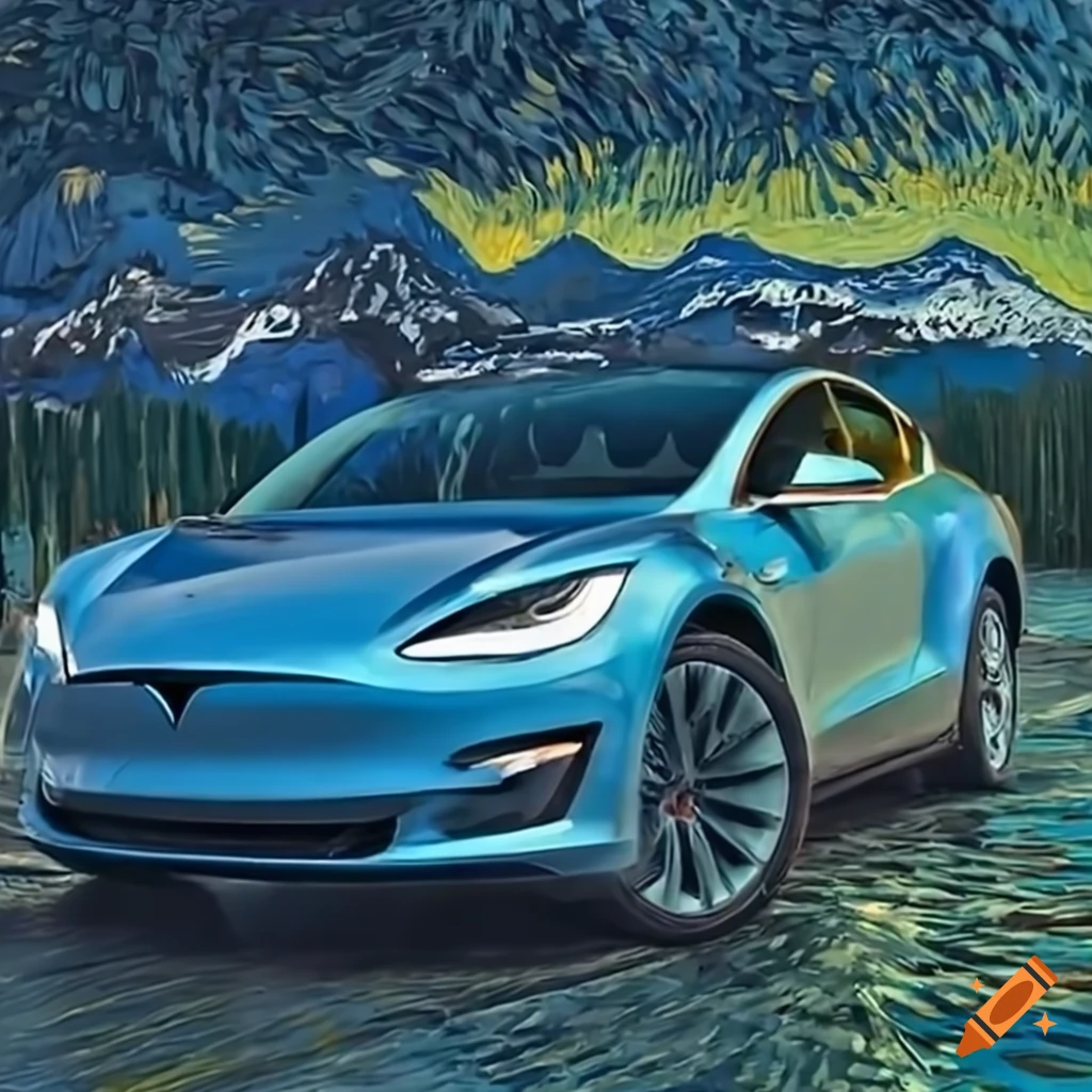 Painting of a tesla car with elon musk as the driver on Craiyon