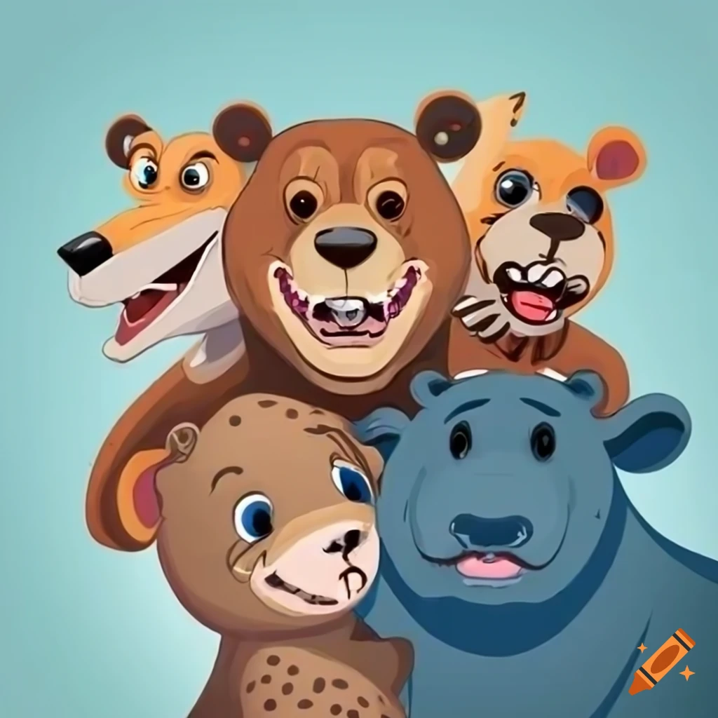 Cartoon group selfie of a bear, rhino, rat, cheetah, fox, and hippo