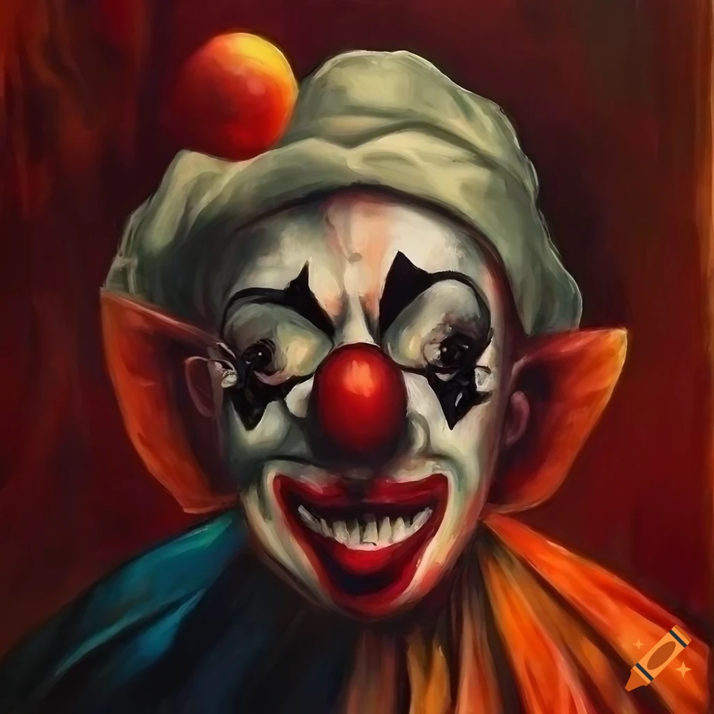 Surreal dark clown circus painting on stage on Craiyon