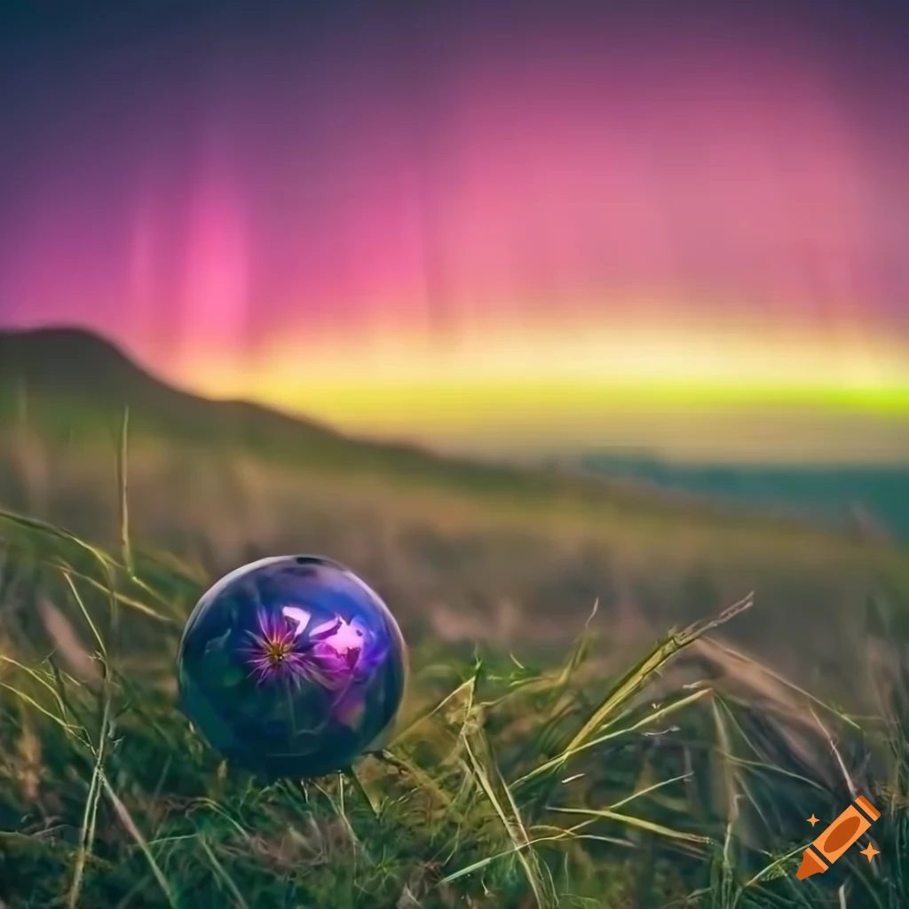 Sunset landscape with magical orb and aurora in the sky on Craiyon