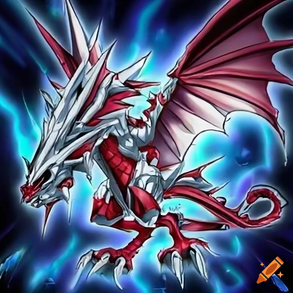 Synchro dragon artwork in silver, white, and red on Craiyon