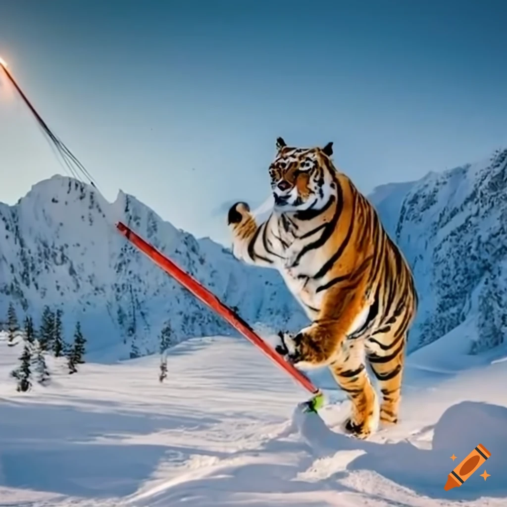 Tiger skiing down a snowy slope on Craiyon