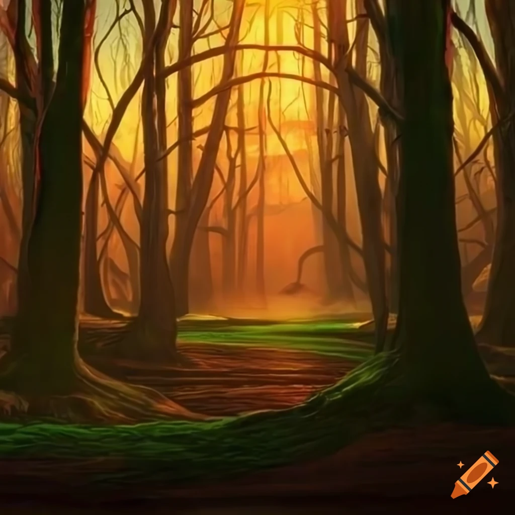 Sunset in a fantasy forest