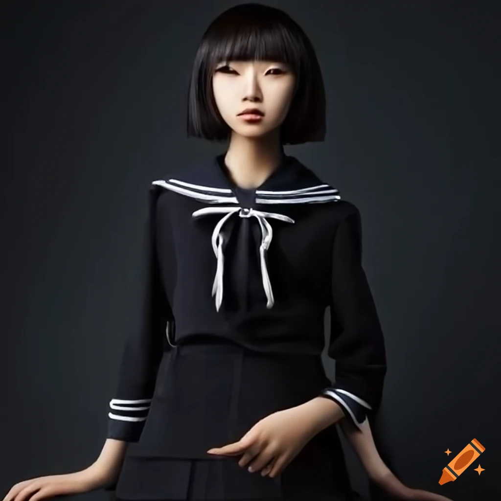 Japanese girl with bob cut in black sailor uniform on Craiyon