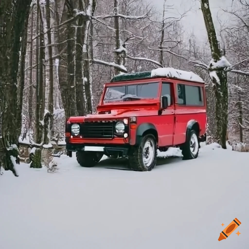 Red land rover defender in snowy forest