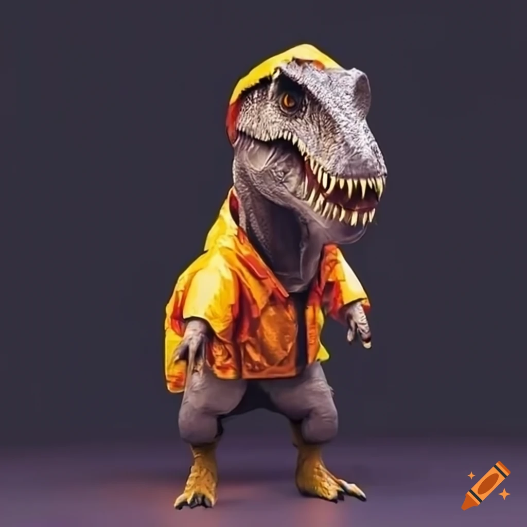 Illustration of a T-Rex wearing a rain jacket in the mountains on Craiyon
