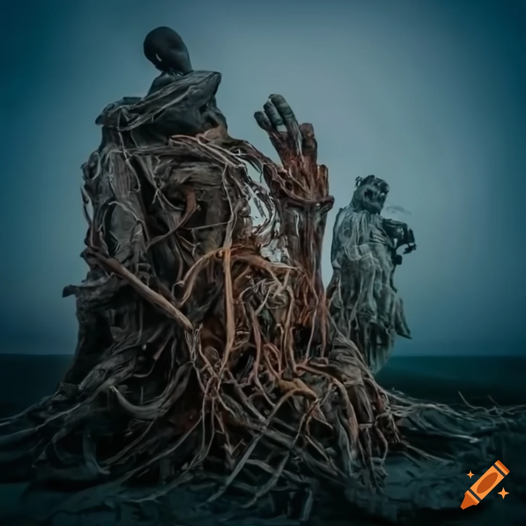 Close-up of a sculpture made of human hand figures caught in a web