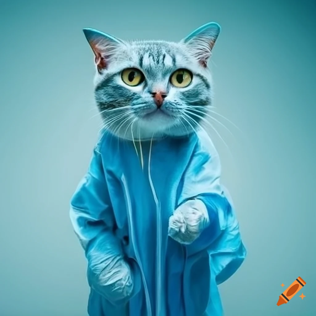 Cat wearing a blue cleanroom suit on Craiyon