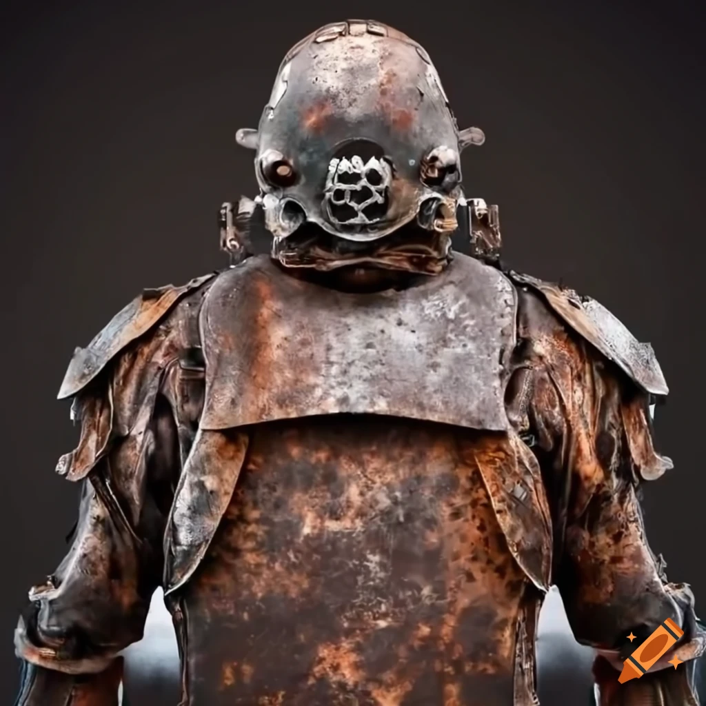 Realistic depiction of a pirate wearing high-tech rusty armor on Craiyon