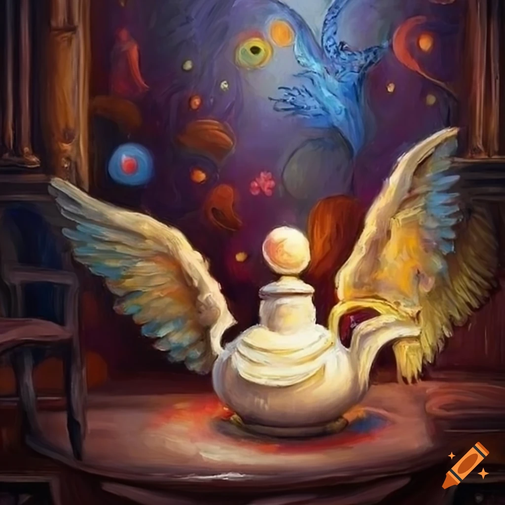 Enchanted teapot with wings in a fantasy room on Craiyon