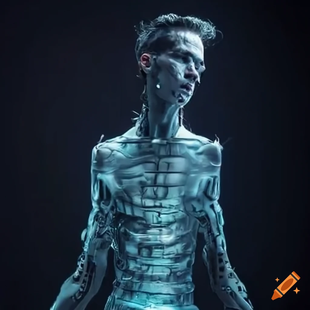 Futuristic image of a tangled cyborg in transparent wires on Craiyon