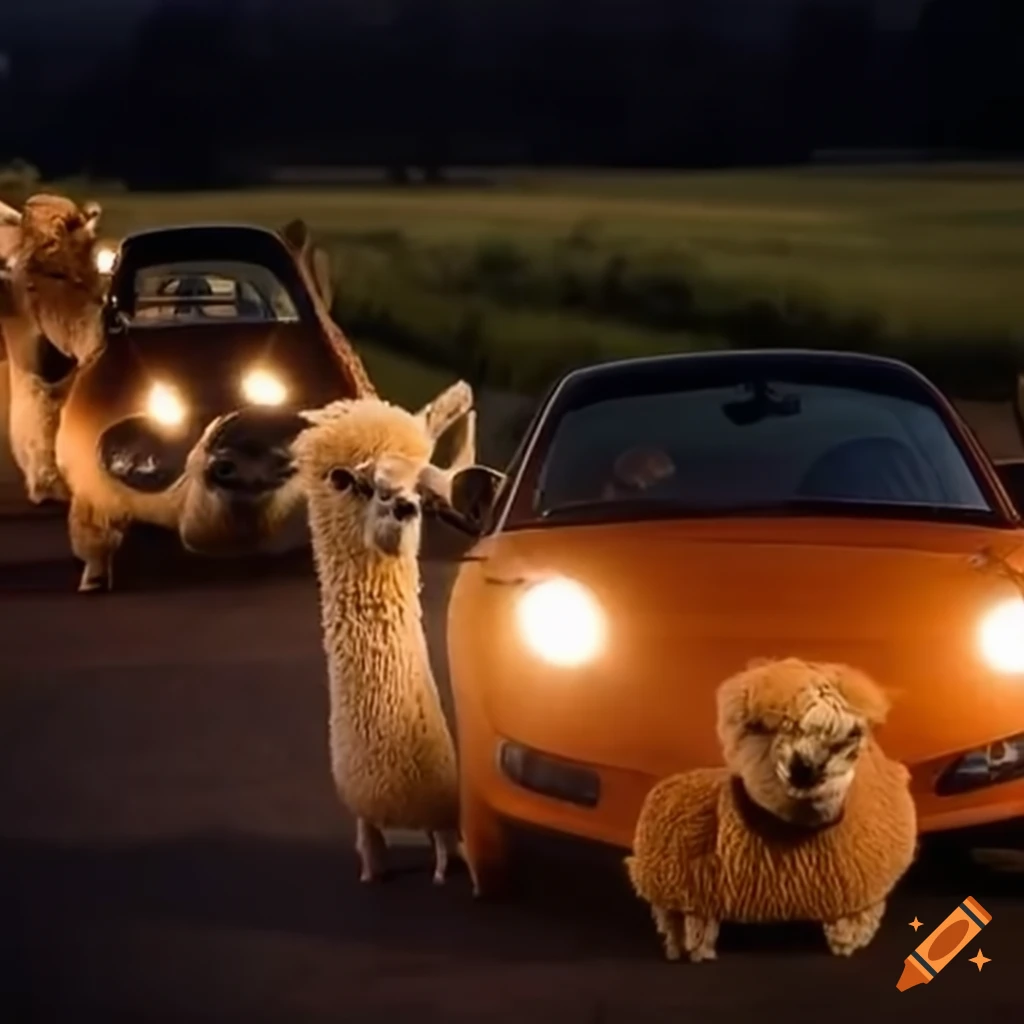 Alpacas posing next to a sports car at twilight on Craiyon