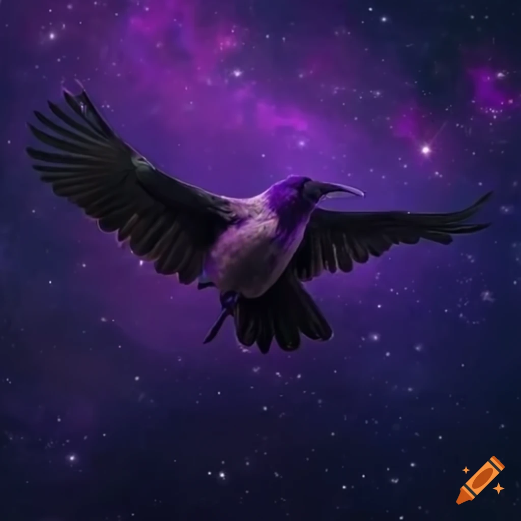 Purple crow flying in space