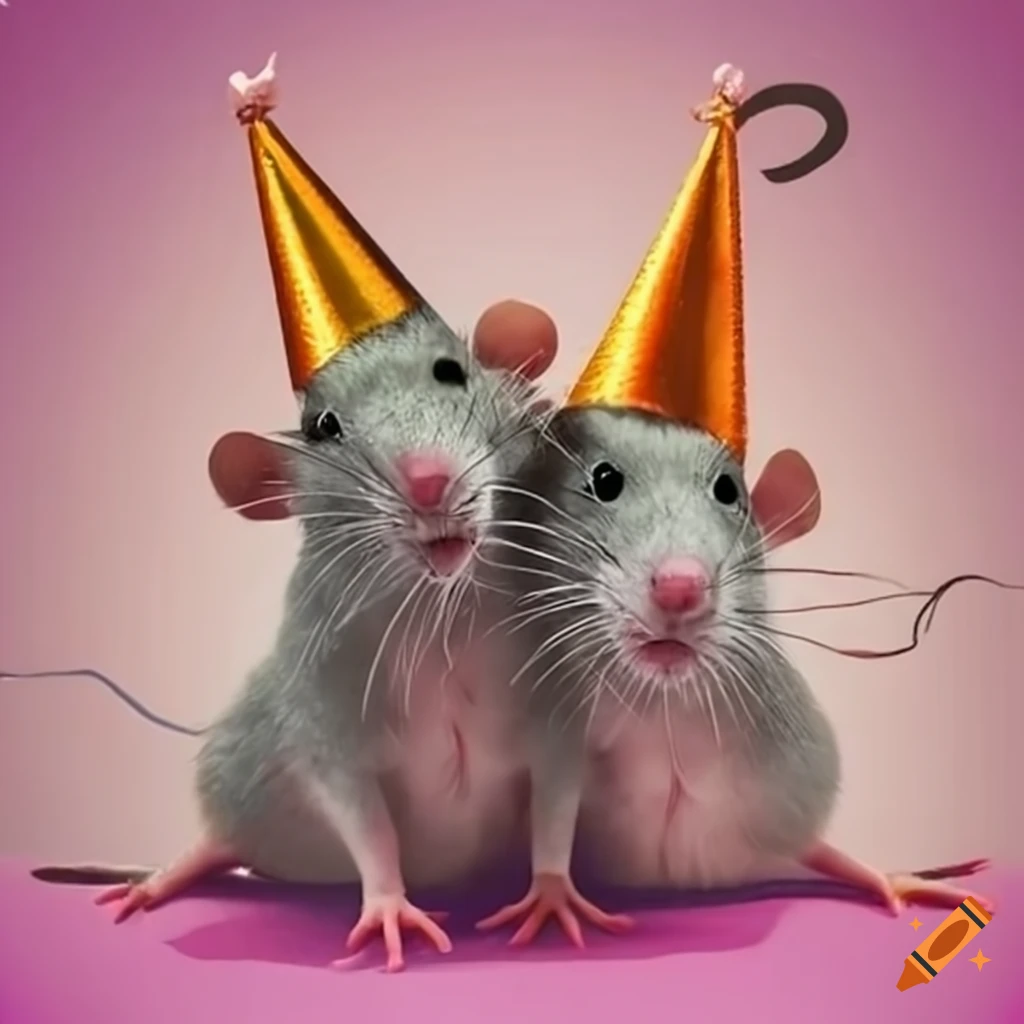 Three rats wearing party hats