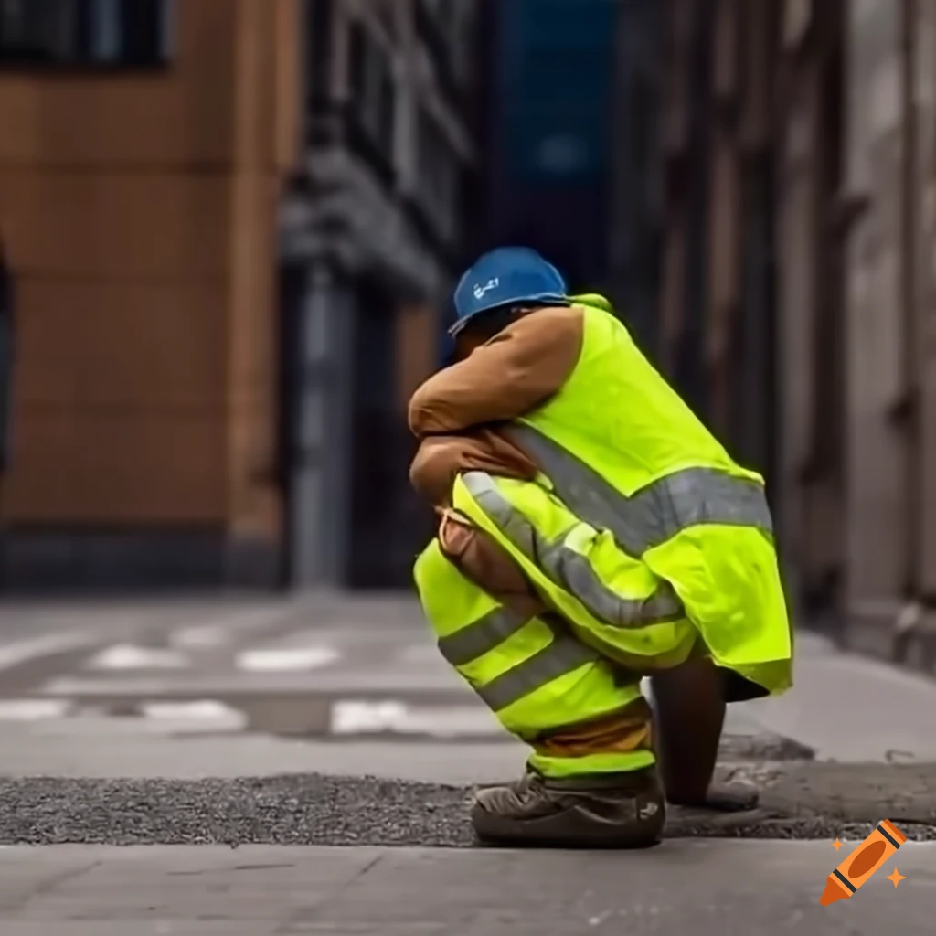 Construction worker resting on city street