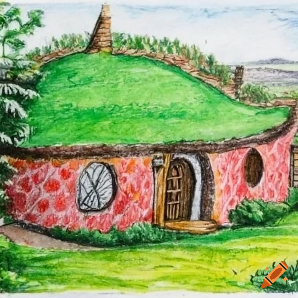 Crayon drawing of a cozy hobbit house