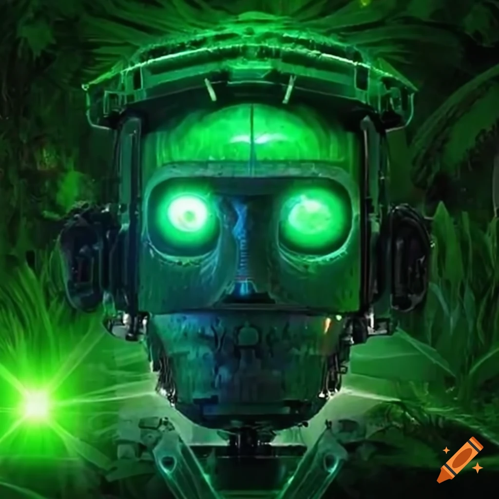Robot with glowing green laser eyes in a jungle on Craiyon
