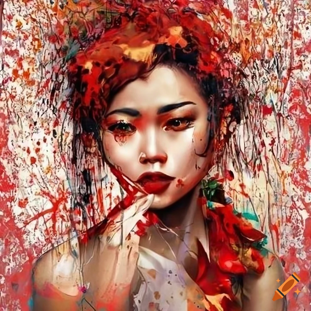 Abstract painting of a woman in red clothes surrounded by flowers on ...