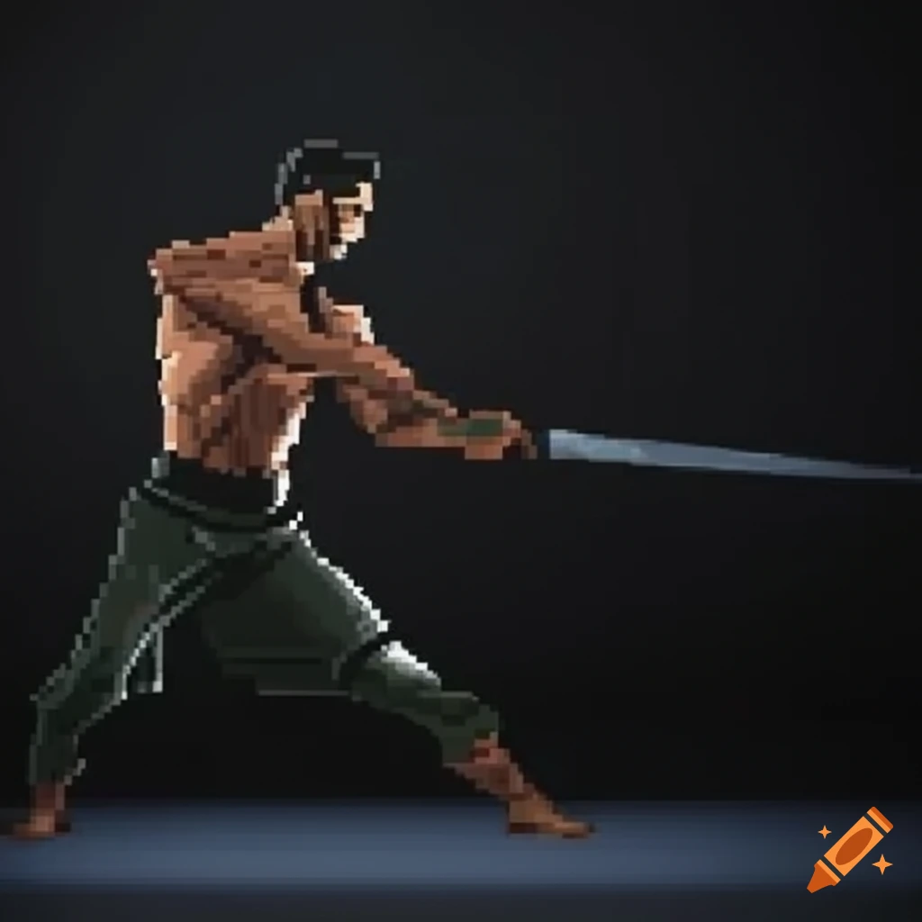 Pixel art of a fit man attacking with a sword on Craiyon