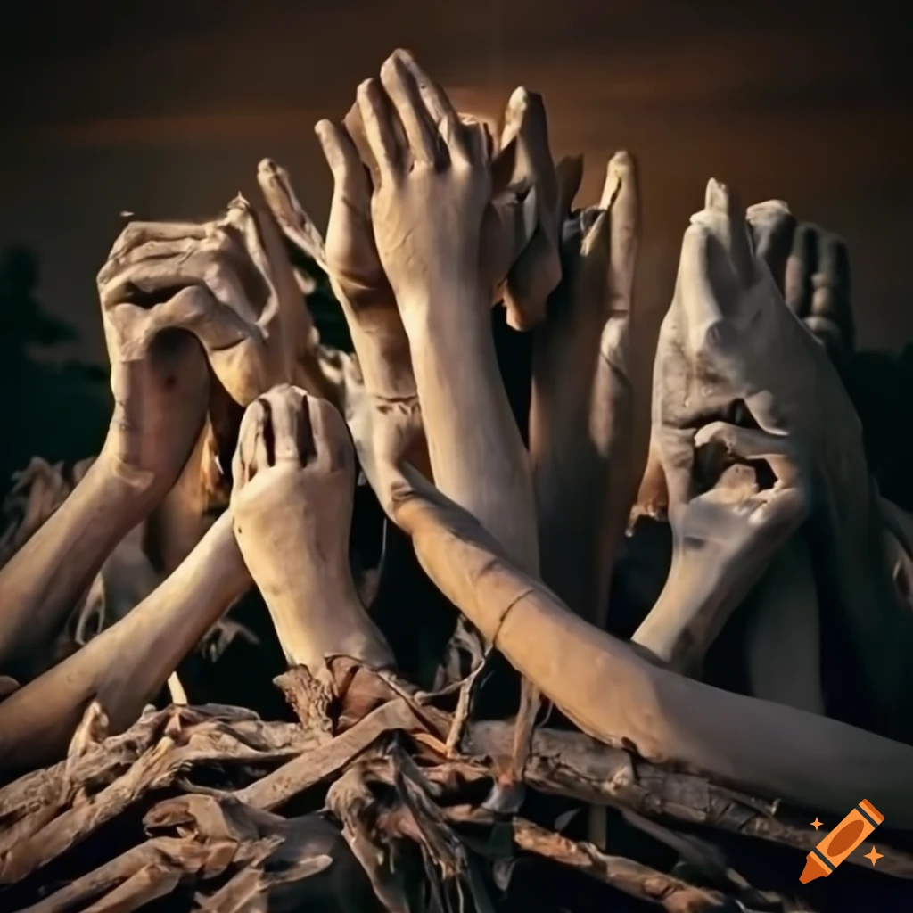 Close-up of a sculpture made of human hand figures caught in a web on ...