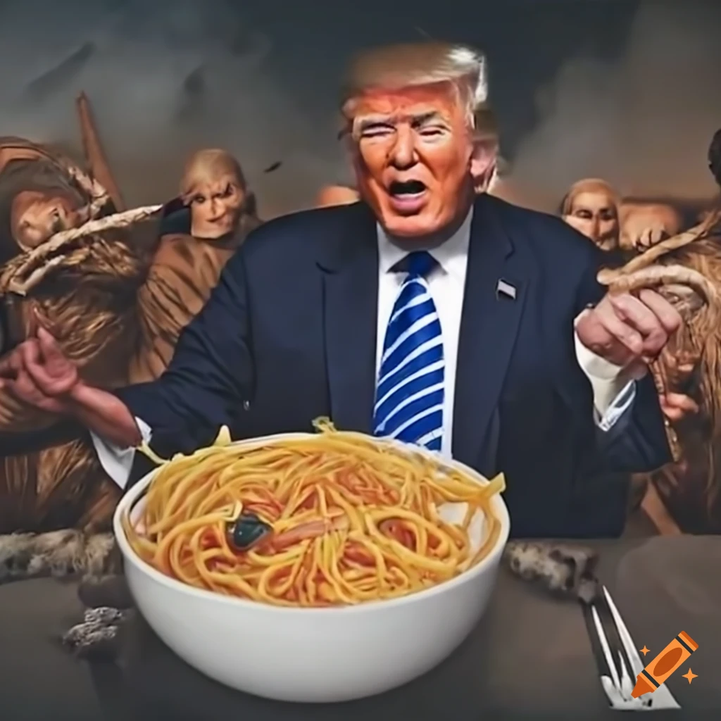 Happy donald trump eating spaghetti on Craiyon