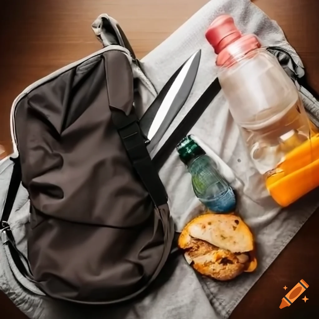 Open backpack with essentials for outdoor adventure on Craiyon