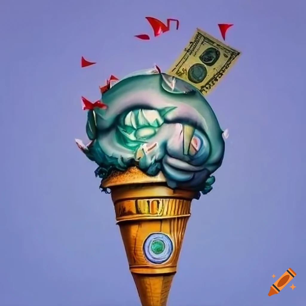 Street art of an ice cream cone with money