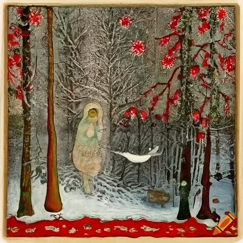 Highly detailed oil painting of a festive Christmas forest scene on Craiyon