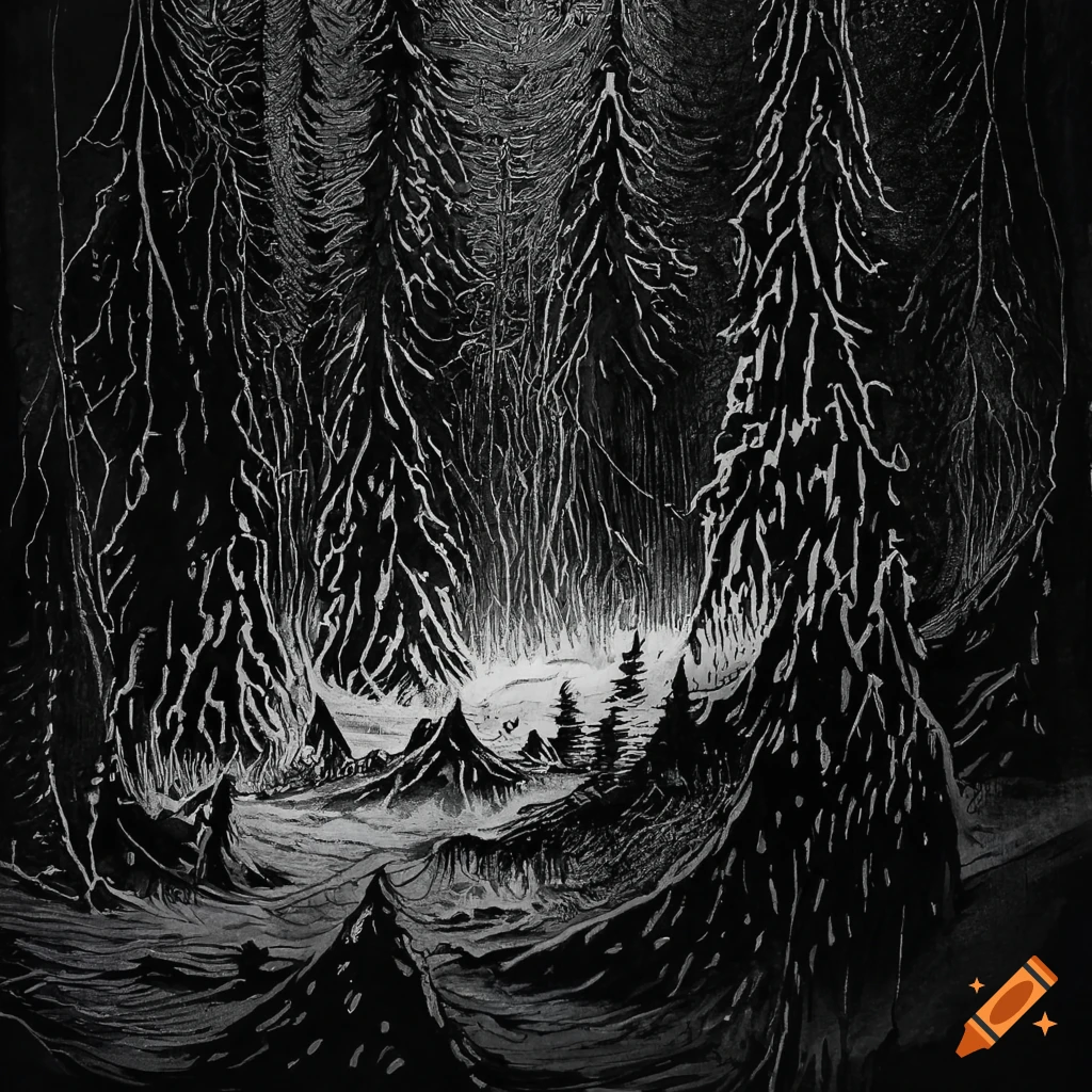 Ink drawing of a nordic forest in black and white on Craiyon