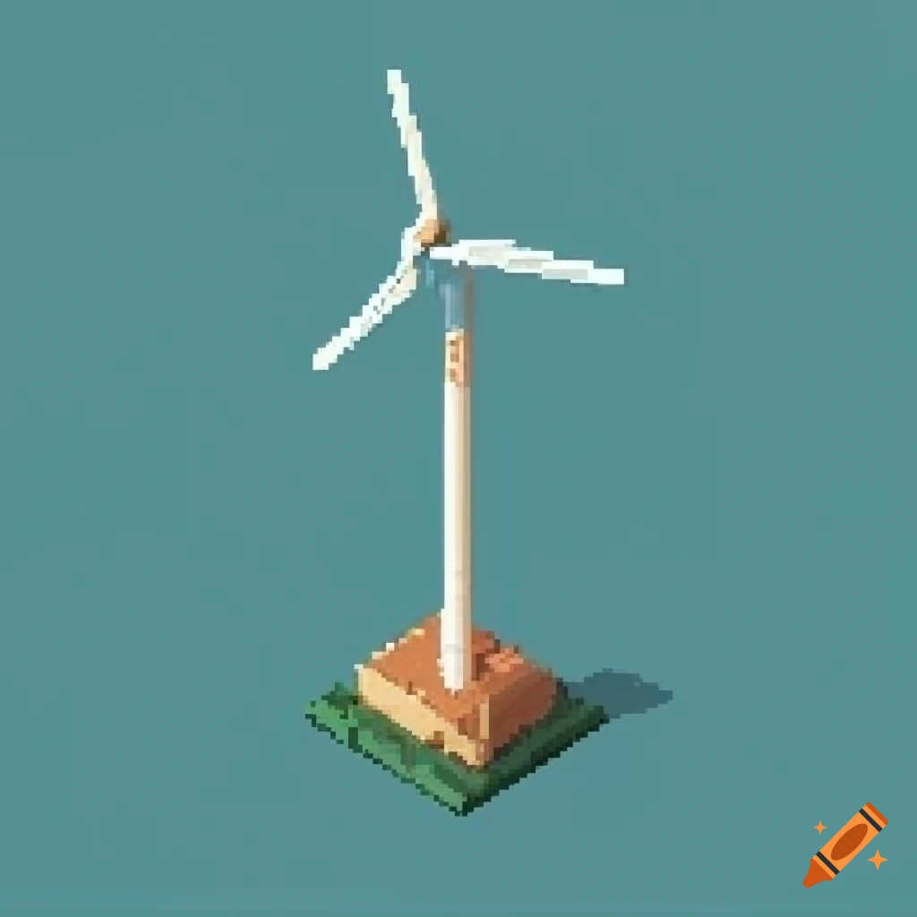 Isometric pixel art of a wind turbine and accumulators