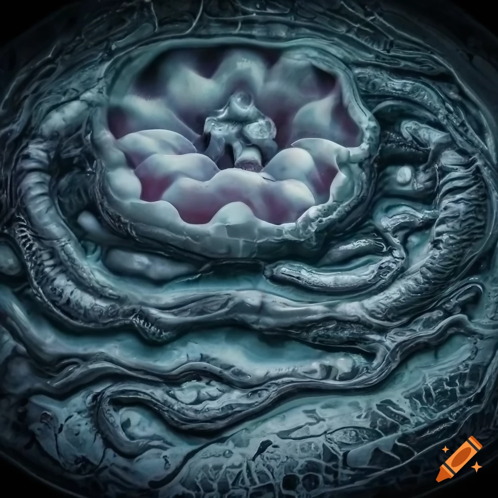 Creepy alien in a 2D game with H R Giger inspired design on Craiyon