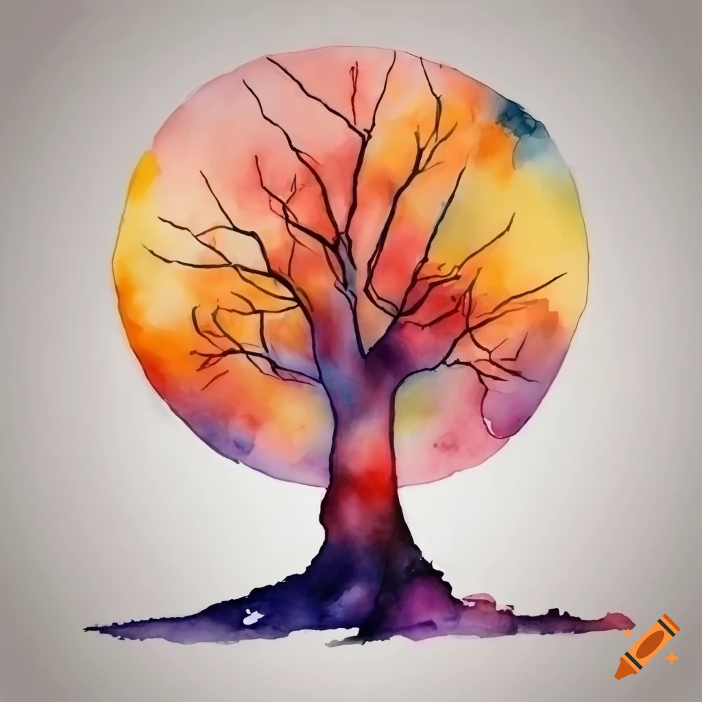 Minimalist abstract artwork of yggdrasil tree at sunset